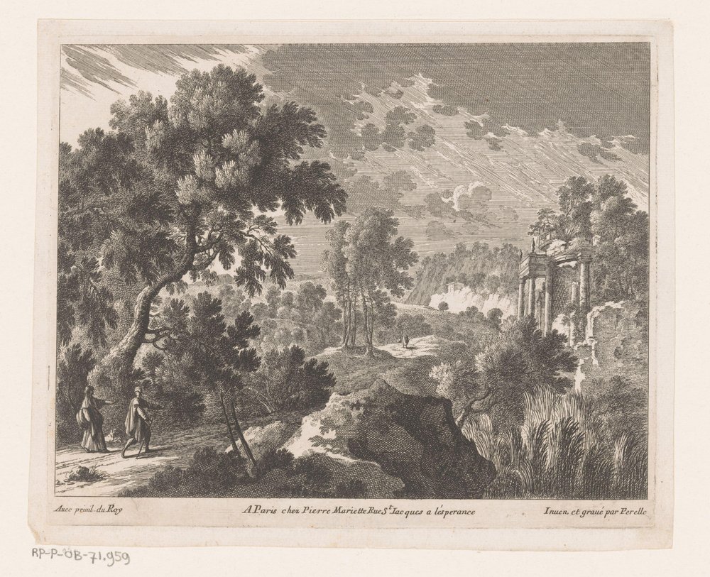 Paysage avec homme et femme marchant près d'une ruine
