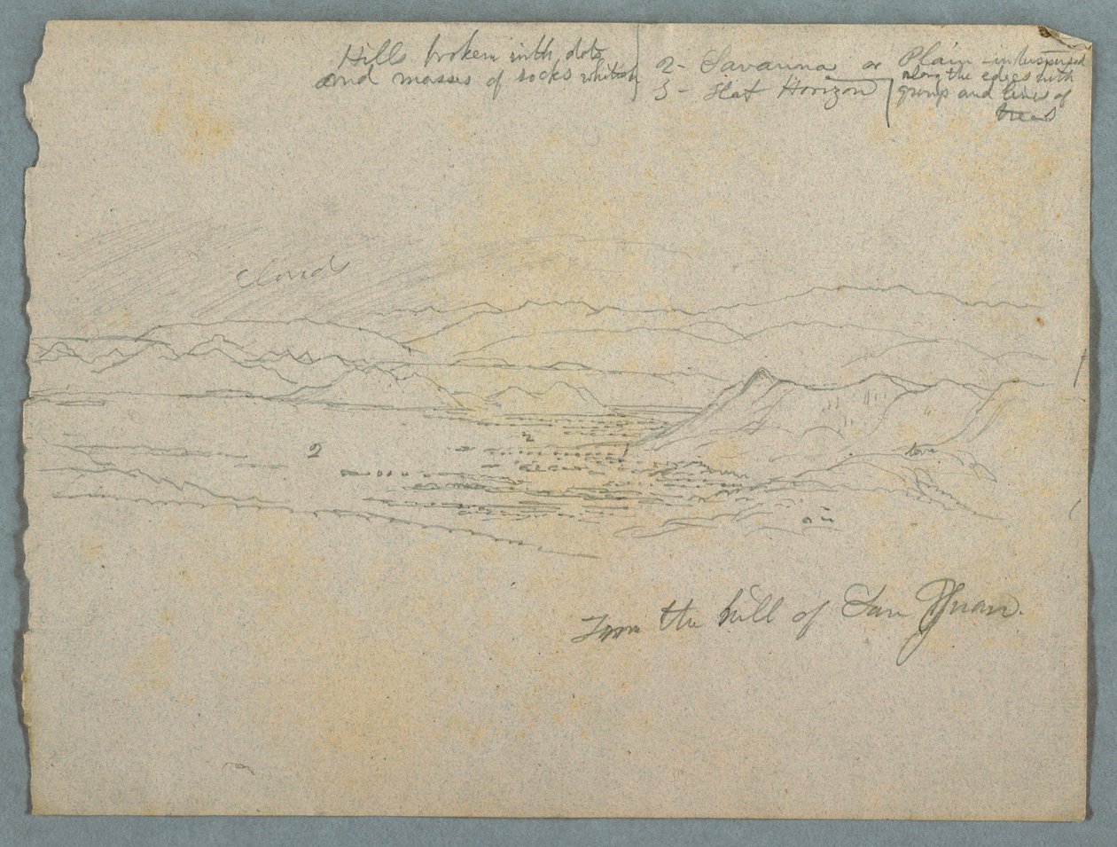 Dessin, Vue de la colline de San Juan, probablement en Colombie, 1853