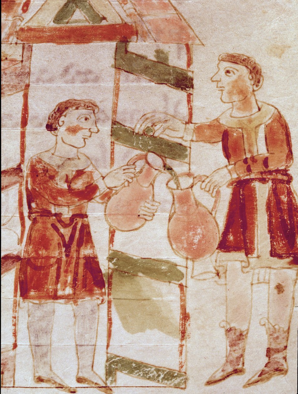 Un marchand de vin miniature tiré du volume « De tabernae », manuscrit ...