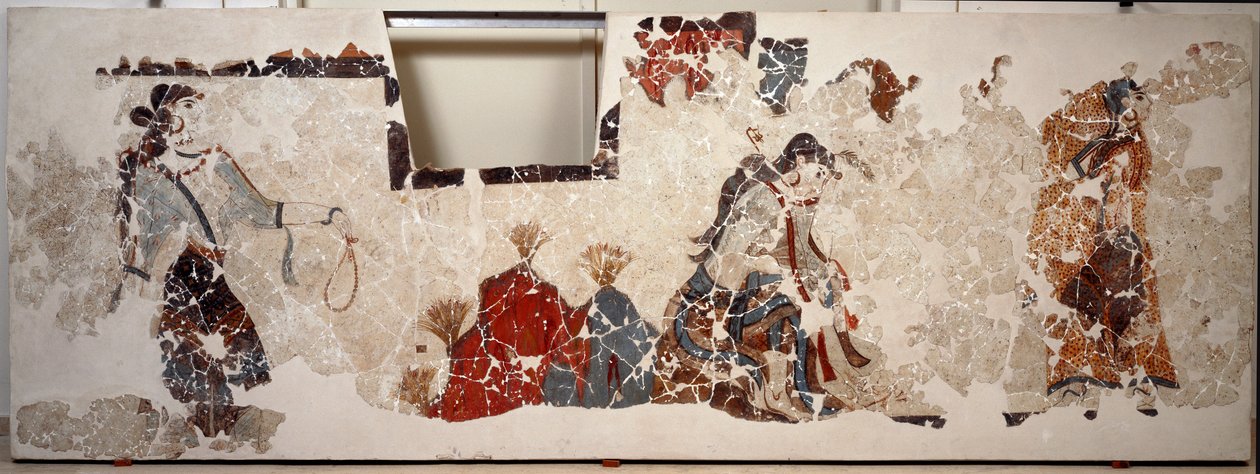 Civilisation minoenne : femmes en adoration. Fresque du bassin lustral ...